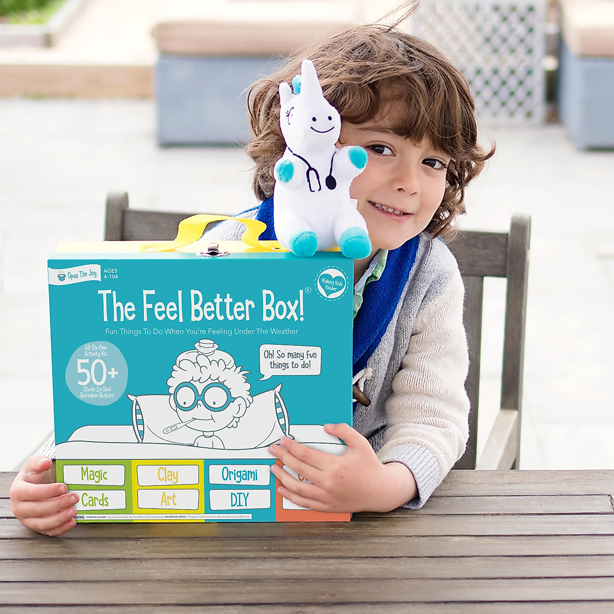 Open The Joy Feel Better Box: Get Well Soon Kids Gifts Basket, 50+ Fun Activities, Games, Toys, Conversation Cards, Origami, Clay Art, Magic Tricks, DIY - Great Gift for Kids After Surgery Ages 4+