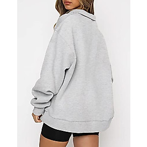 Womens Oversized Half Zip Pullover Sweatshirt Long Sleeve V Neck Sweatshirts Quarter Zip Teen Girls Fall Y2K Clothes Trendy Drop Shoulder Loose Fit Outfits Grey