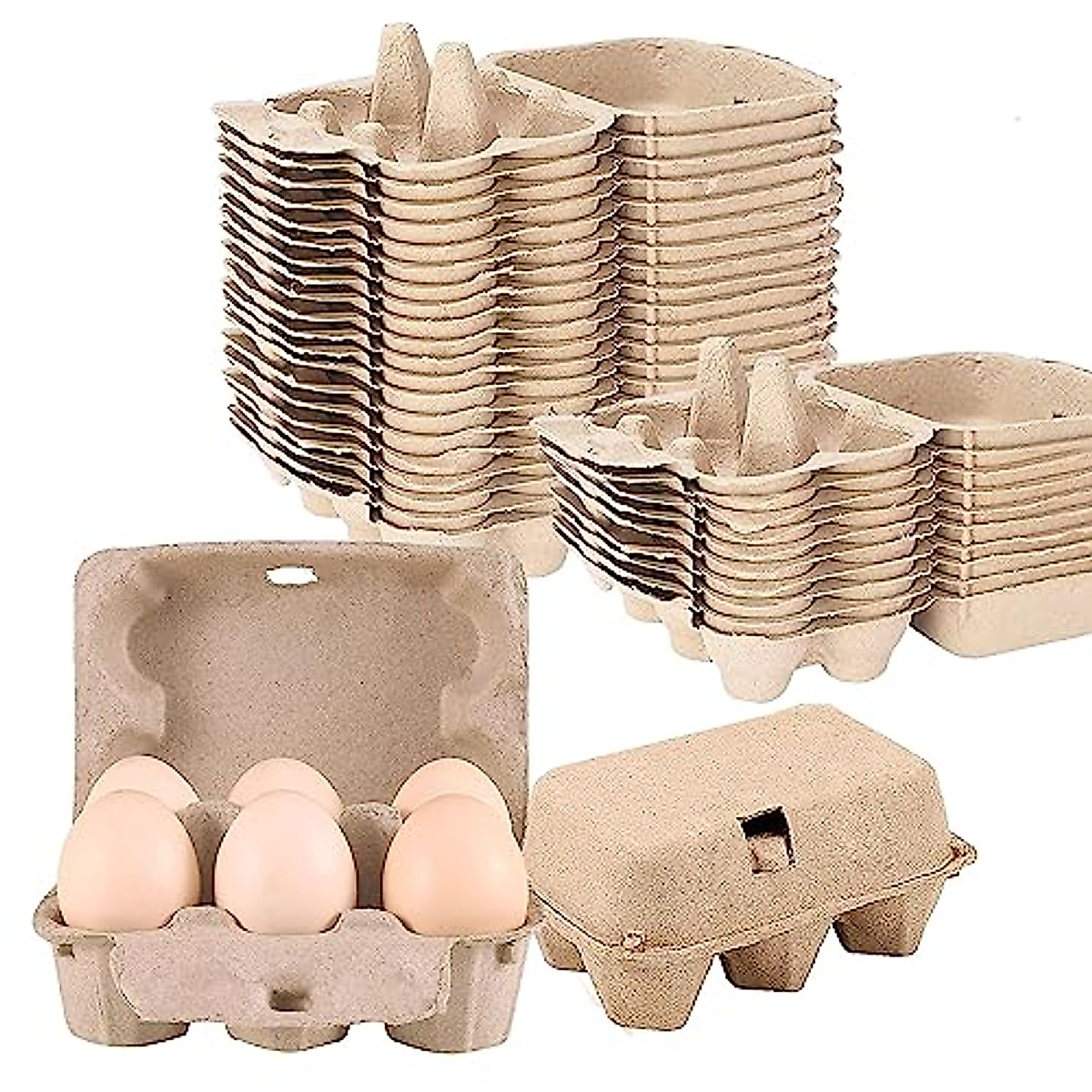 30 Pack Empty Egg Cartons,6 Pulp Fiber Egg Carrier Egg Storage Containers for Kitchen, Farm, Picnic,Travel, Brown,Reusable.