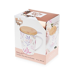 Pinky Up Bailey Ceramic Tea Mug and Loose Leaf Tea Infuser, Loose Leaf Tea Accessories, Tea Tumbler Cup, Botanical Design, 12oz