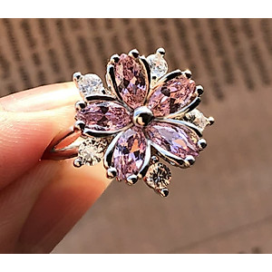 Awmnjtmgpw 925 Sterling Silver Romantic Flower Zircon Ring Fashion Pink Diamond Set Cherry Blossom Ring Women's Fashion Wedding Engagement Ring Size 6-10 (Size 7)