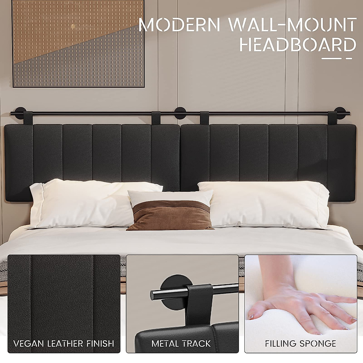 Hasuit Floating Bed Frame King Size with LED Light, Modern King Platform Bed with Vegan Leather Upholstered Headboard, No Box Spring Needed, Noise Free, Easy Assembly