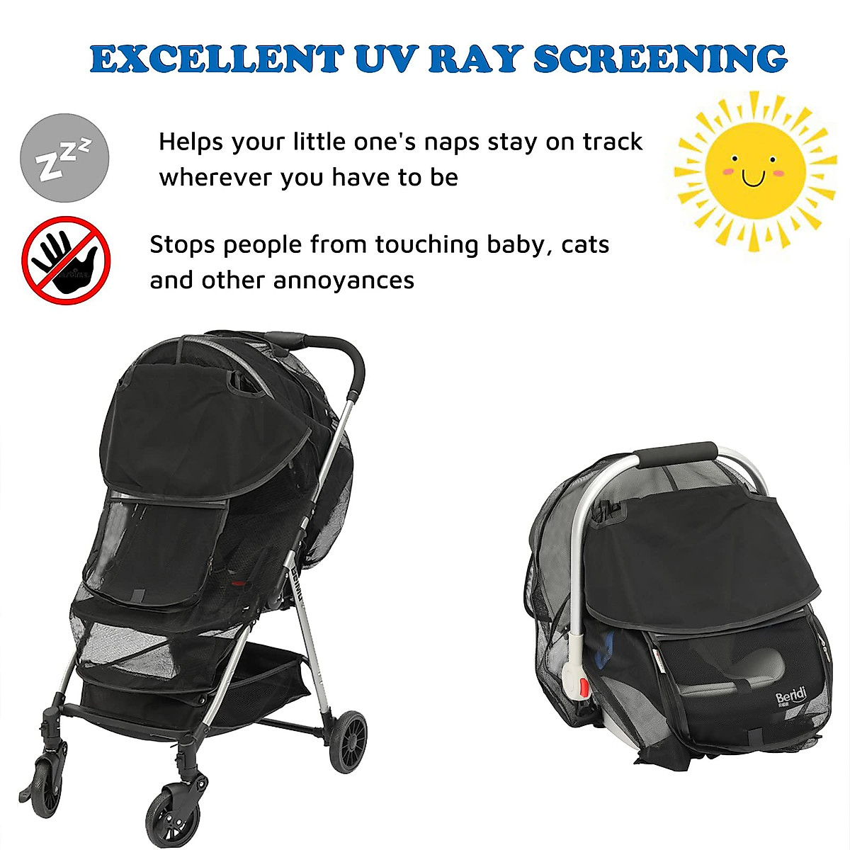 BAYWYI 3 in 1 Sun Shade and Mosquito Net for Stroller Sun Protection, Versatile Universal Double Zipper Baby Mosquito Net -