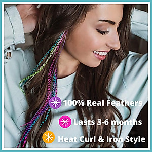 Feathers for Hair, 20 Rainbow Rooster Feathers Hair Extensions Kit with Silicone Beads and Loop Tool All Bright Colors- Pink, Blue, Red, Purple, Orange, Yellow, Green Striped Grizzly Feathers