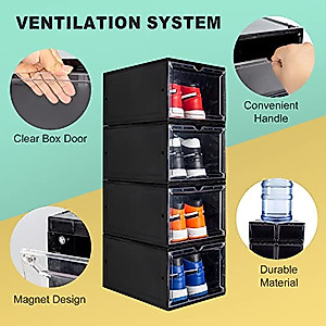 HIYOHIYO 4 Pack Drop Front Shoe Box, Shoe Boxes Stackable Sneaker Containers Magnetic Box Drop Front Shoe Organizer Shoes Cases Display Bins for Living Room Fit up to Size 12 (13.4x 9.8x 7.1) (Black)