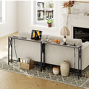 MAHANCRIS 2 Pack Sofa Table with Charging Station, 39.4” Console Table, Narrow Entryway Table, Slim Hallway Table, Retro Couch Table, for Entrance, Foyer, Living Room, Hallway, Greige CTHG151E01S2