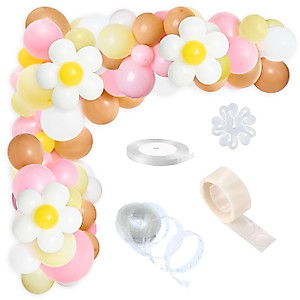 153Pcs Daisy Groovy Balloon Arch Garland Kit Pink White Yellow Orange Daisy Flower Latex Balloons, Boho Daisy Balloon Garland for Baby Shower Two Groovy Birthday Party Wedding Decorations