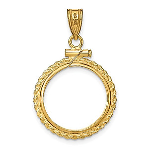 Roy Rose Jewelry Gold Coin Pendant Mounting - 16.5mm Coin Size - Casted Rope Design Frame - 14K Yellow Gold - Screw Top with Bail