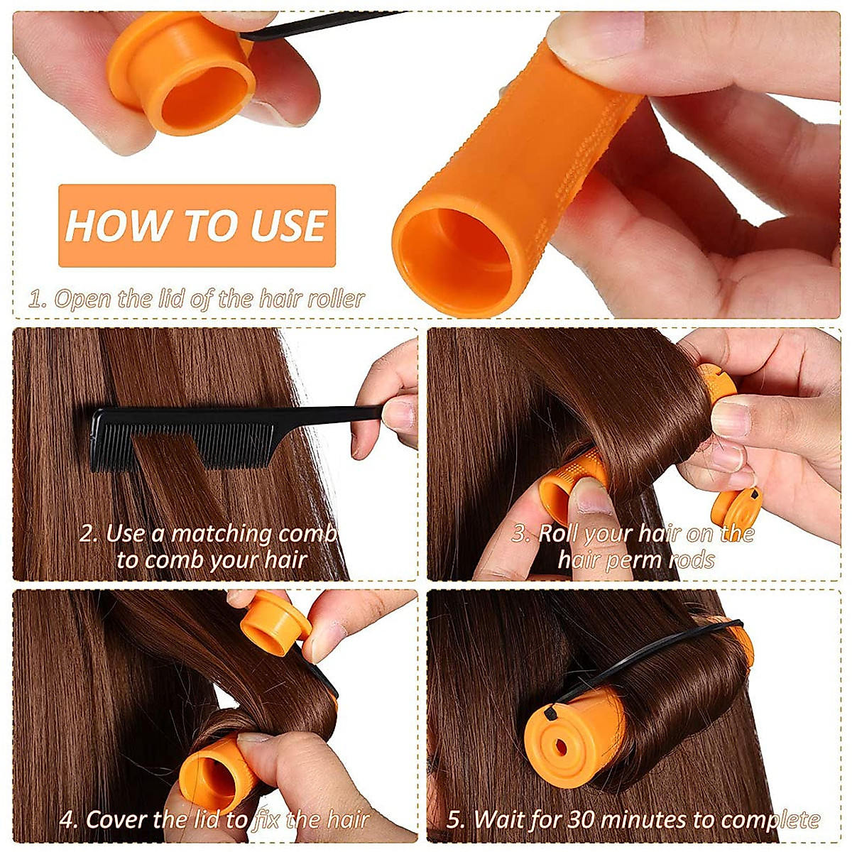 CLIONE 60pcs Perm Rods Set for Natural Hair Plastic Cold Wave Rod Non-Slip Hair Rollers 0.87 Inch Orange Perm Rods for Long Short Hair Curling Rods Hair Perms for Women Hair Curlers DIY Tools