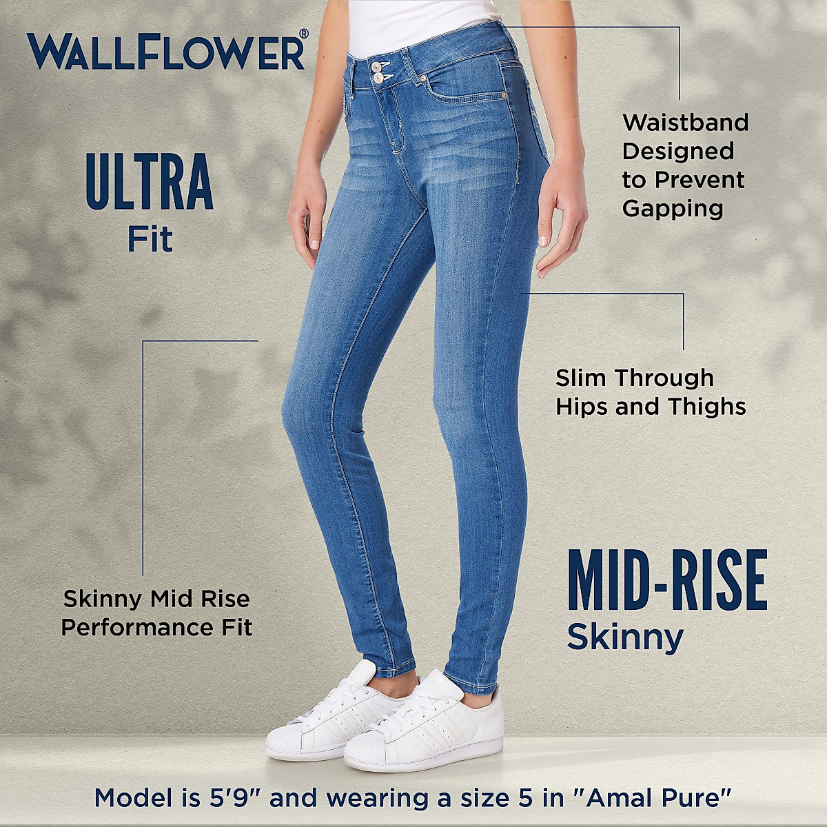 WallFlower Women's Ultra Skinny Mid-Rise Insta Soft Juniors Jeans (Standard and Plus), Amal Pure, 5 Long