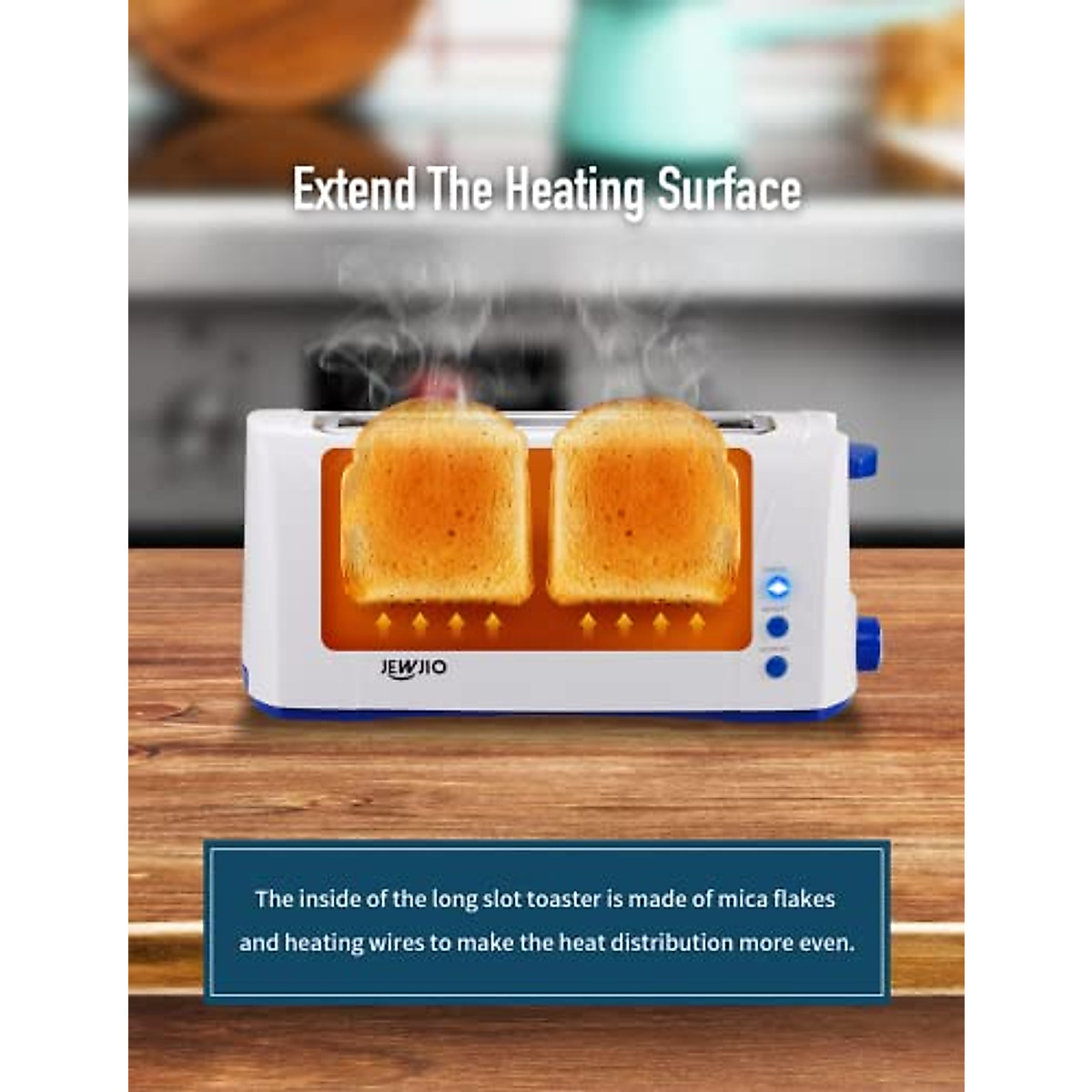 JEWJIO Long Slot White Toaster 2 Slice With Blue Buttom, 1.5” Wide Slot Best Slim 2 Slice Toaster, One Long Slot Toaster with Defrost/Reheat/Cancel/6 Bread Shade Settings/Removable Crumb Tray, Easy to Storage in Kitchen, RV, Sideboard, 1000W