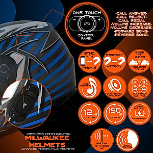 Milwaukee Helmets H512 Titanium and Blue Chit-Chat Black Full Face Motorcycle Helmet w/Intercom - Built-in Speaker and Microphone for Men/Women - Medium