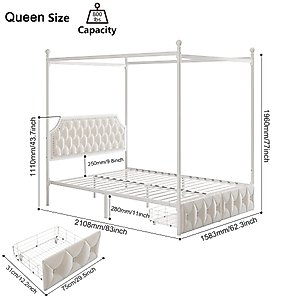 Keyluv Queen Upholstered Canopy Bed Frame with 2 Drawers and Button Tufted Headboard, Metal Platform Bed with 4 Removable Posts Two-Purpose Velvet Bed No Box Spring Needed, Beige/Curtains Not Included