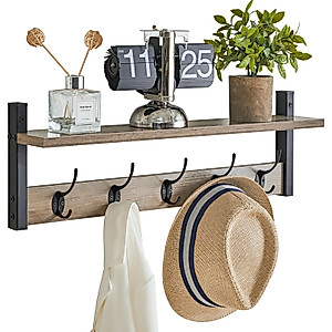 YMYNY Coat Rack Shelf Wall Mounted, Coat Hooks with Storage, Wall Floating Shelf with 5 Metal Hooks, 23.6" Entryway Floating Shelf for Kitchen, Bedroom, Bathroom, Silver Gray UHWS004Y