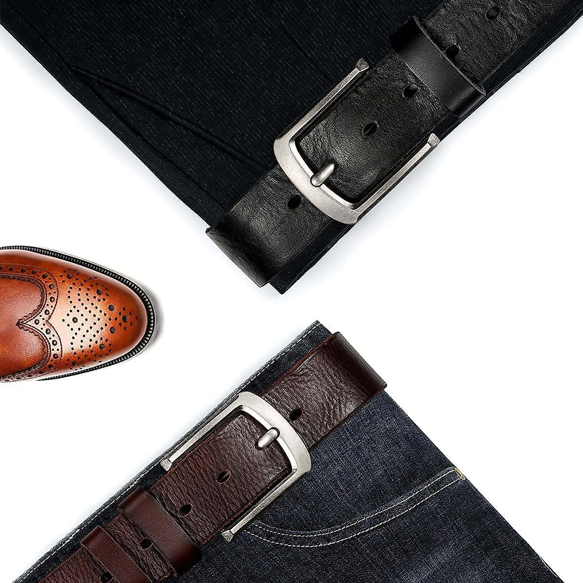 BELTER Mens Belts for Jeans Leather Belt Casual Belt Full Grain Leather Work Belts with Gift Box (Black, 38"-40" Waist)