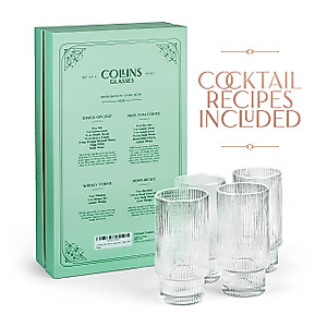 Vintage Art Deco Collins Ribbed Cocktail Glasses | Set of 4 | 14 oz Crystal Highball Glassware for Drinking Mojito, Tom Collins, Classic Hi Ball Bar Drinks | Skinny Tall Barware Tumblers
