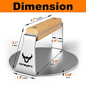 coneyaro Smash Burger Press 5.5" Stainless Steel Patty Maker - Non-Stick Smasher for Griddle Cooking - Wood Handle Grill Tool