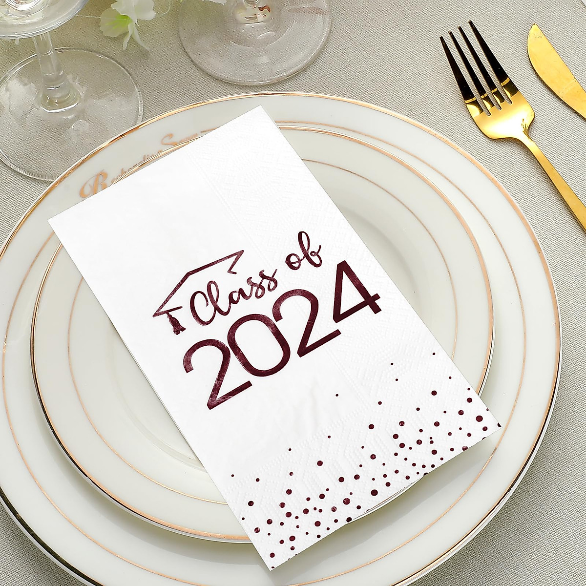 100pcs Class of 2024 Graduation Napkins Disposable Congrats Grad Cocktail Napkins Foil Dot Paper Hand Towels for 2024 High School University College Graduation Party Decorations and Supplies (Gold)