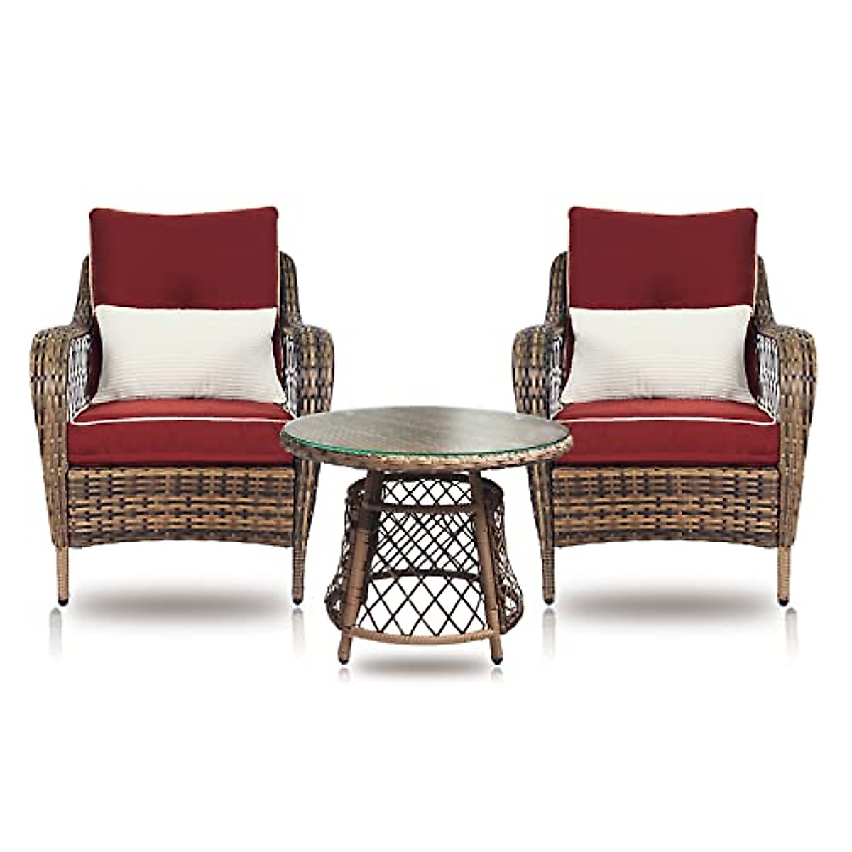 N&V Outdoor Chairs Set Bistro Set 3 Pieces Patio Conversation Set Furniture Set for Balcony Rattan Chairs and Table with Cushions Beige Red Green (RED)