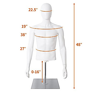 SHAREWIN Male Mannequin with Metal Stand Adjustable Plastic Half Body Display Mannequin Head, for Retail Clothing Shops, White
