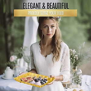 Yumchikel Hard Plastic Serving Tray Set, Gold Serving Trays in Scalloped Design, Serving Platters and Trays for Parties, Weddings, Engagements, Disposable Trays for Cakes & Deserts, 9" x 13", 4 Pack