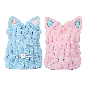 OrangeTag 2Pcs Ultra Absorbent Hair Quick Drying Towel Microfiber Hair Dry Wrap Turban Cute Kitty Ears Cap Bath Tool Hat for Women Girls