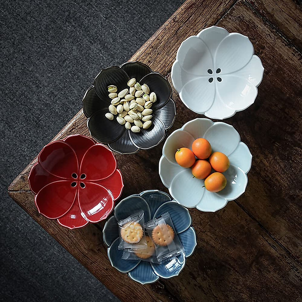 Kelendle Pedestal Fruit Bowl Centerpiece Decorative Compote Footed Bowl Ceramics Dessert Serving Bowl Tray Display Stand Lotus Drain Plate for Kitchen Counters for Fruits Breads Snacks (Red)