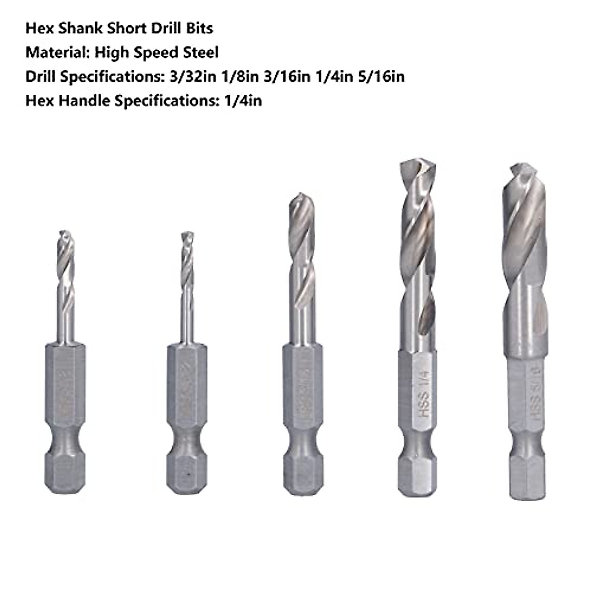 5pcs Stubby Drill Bit Set, Drill Bit Set with 1/4 Quick Change Hex Shank for Machining Drilling, M2 High Speed Steel, for Quick Change Chucks and Drives