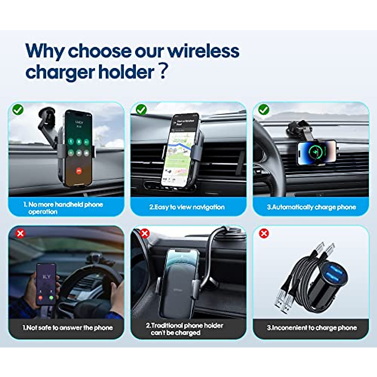 Risingstar Wireless Car Charger, 15W Fast Wireless Car Charger Mount, Auto-Clamping Alignment Windshield Dashboard Air Vent Cell Phone Holder for iPhone 14/13/12/11/pro/X/8, Samsung S20/S10/S9/S8