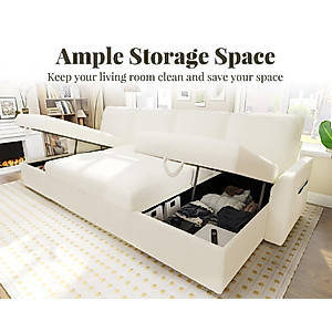 PaPaJet 110 Inch Sleeper Sofa, Oversized Pull Out Couch with Double Storage Chaise，U Shape Couches for Living Room-Offwhite Boucle