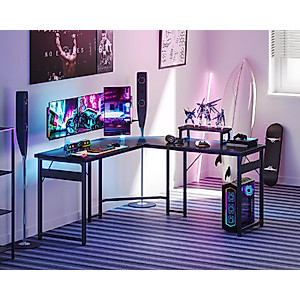 ODK L Shaped Gaming Desk with Power Outlets, 51 Inch Computer Desk with Monitor Stand, PC Gaming Desk, Corner Desk Table for Home Office Sturdy Writing Workstation, Carbon Fiber Surface, Black