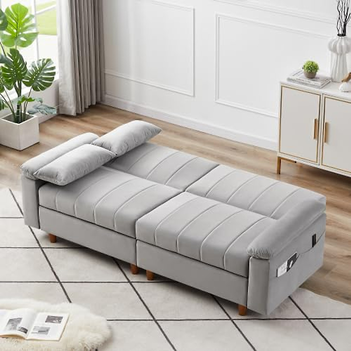 akucvor 69" Sleeper Sofa, Convertible Futon Loveseats Sofa, Sleeper Velvet Sofa Couch Bed with Storage for Living Room Bedroom, Pokcets, Gray