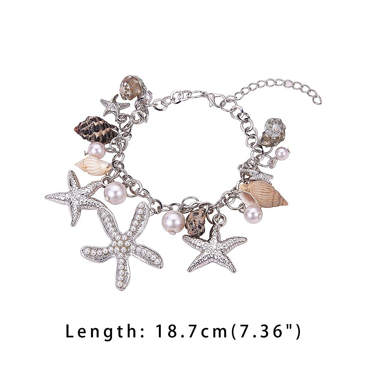 PH PandaHall Starfish Shell Anklet Bracelets, 7" Mermaid Bracelets Conch Starfish Faux Pearl Anklet Bracelet Charm Women Bohemian Adjustable Shell Bracelet Mermaid Costume Jewelry for Women, Silver