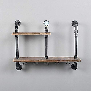 Industrial Pipe Wall Mounted Wine Racks with 5 Stem Glass Holders for Wine Glasses,2-Tier Storage Wood Shelves,Mugs Rack,Bottle & Glass Holder,Wine Storage Display Rack,Stemware Racks,Home Décor