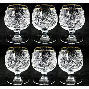 Neman Russian Cut Crystal Sherry Glasses with Gold Rim Shot Glasses on Short Stem. 1.2oz (35ml). Set of 6