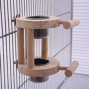Bird Feeding Cups with Wooden Perch Stand, Bird Cage Stainless Steel Food Water Feeder with Wooden Platform for Parrot Macaw African Greys Budgies Parakeet Cockatiels Conure Lovebirds Finch Pigeon