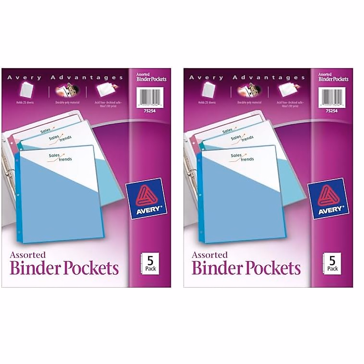 Avery Binder Pockets, Assorted Colors, 8.5" x 11", Acid-Free, Durable, 5 Slash Jackets (75254) (Pack of 2)