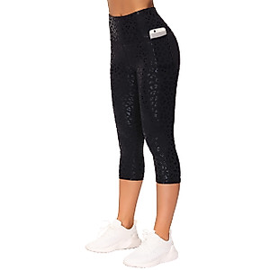 THE GYM PEOPLE Tummy Control Workout Capris Leggings with Pockets High Waist Athletic Yoga Pants for Women Running Hiking Silver/Black