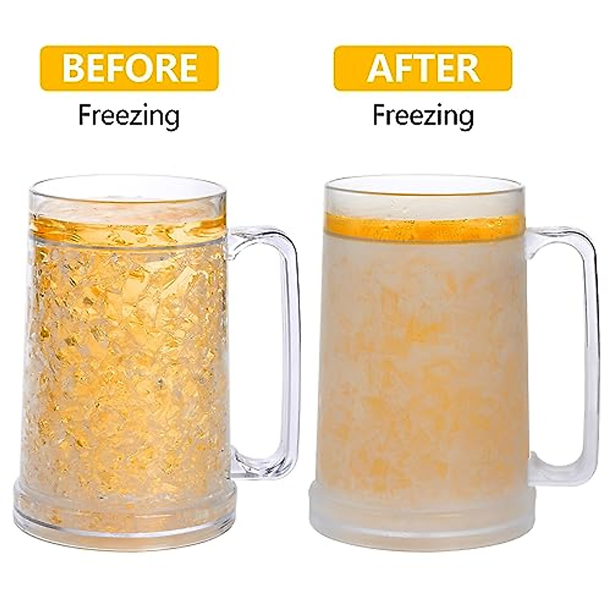Fasmov Freezer Beer Mugs, 4 Pack Clear Double Wall Gel Frosty Freezer Ice Mugs, Freezer Mugs With Gel Beer Mugs For Freezer, Plastic Beer Mugs With Handles for Parties and Gifts, 16oz