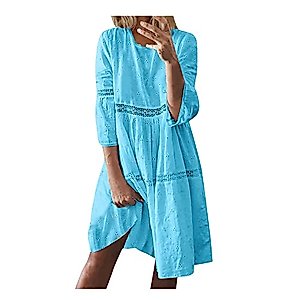 Summer Dresses for Women 2023 Beach, Sequin Dress Long Sleeve Dresses Floral Flowy Dress Boho Solid Neck Dresses Lace Hollow Out Splice Mid-Long Dresses Clothes Dresses Vestido (M, Light Blue)