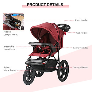Qaba Baby Stroller Foldable Carriage for Toddler with Adjustable Backrest and Canopy Suspension System Rubber Tire 5-Point Harness Cup Holder Storage Basket Red