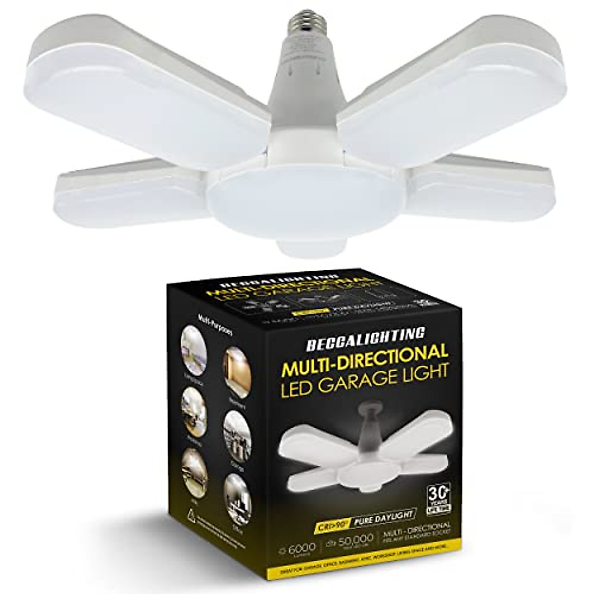 BECCALIGHTING LED Garage Light UL Listed 60 Watts - Daylight Bright White 5000K Garage Lights Ceiling LED 6000 Lm Garage Lighting Fixture, Multi Directional Panel Light for Basement, Barn, High Bay