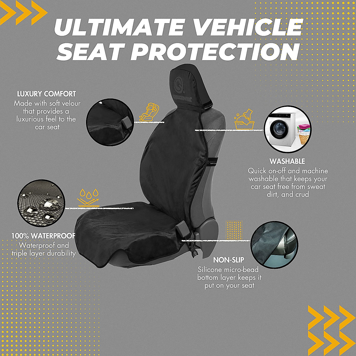 QIKCOVER Premium Waterproof Car Seat Cover - Sweatproof, Universal Fit, Non-Slip, Durable Protector for Dirt, Spills, Pet Claws - Auto, SUV, Truck Compatible (Black)