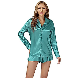 LYANER Women’s 3 Pieces Satin Cami Shorts Pajamas Rope Set Crop Sleepwear Lingerie Loungewear Set Turquoise Medium