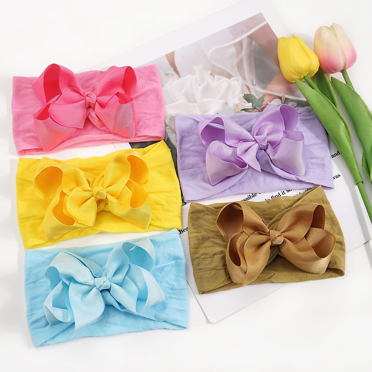 CÉLLOT 20 Colors Baby Girl Headbands with 4.5 Inches Hair Bows Nylon Turban Head Wraps Headbands for Newborn Infants and Toddlers