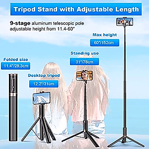TONEOF 60" Cell Phone Selfie Stick Tripod,Smartphone Tripod Stand All-in-1 with Integrated Wireless Remote,Portable,Lightweight,Tall Extendable Phone Tripod for 4''-7'' iPhone and Android Phones