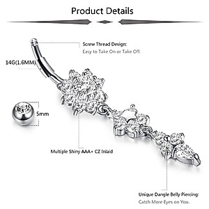 JOERICA 3Pcs 14G 316L Stainless Steel Belly Button Rings for Women Flower CZ Dangle Belly Button Rings Navel Piercing Jewelry