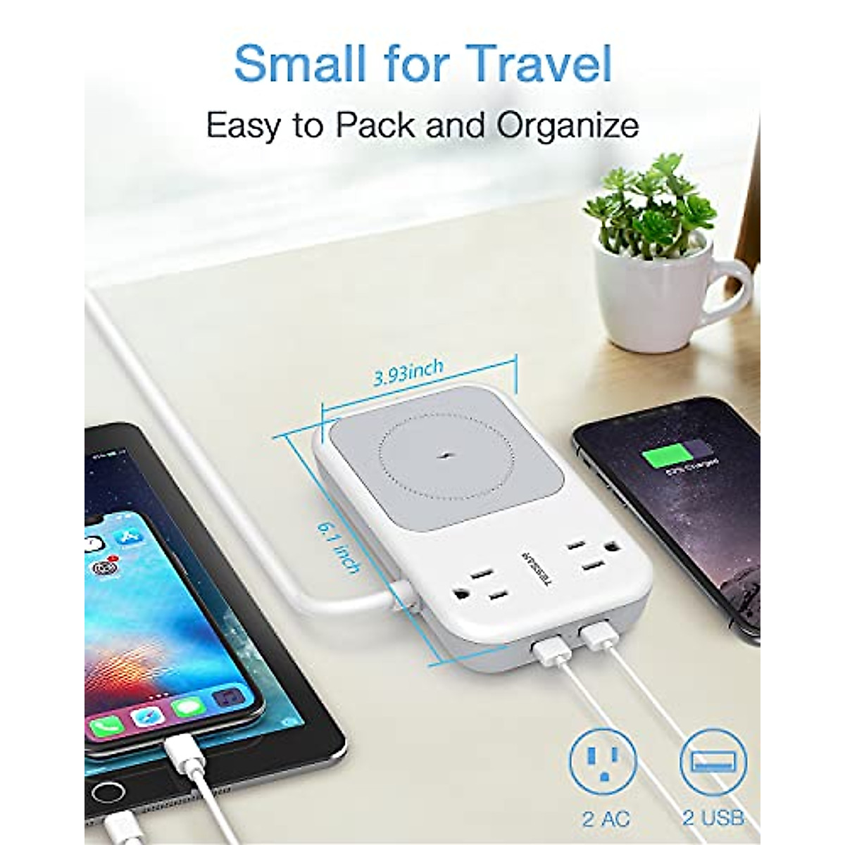 Small Power Strip 2 USB 1 Wireless Charger, TESSAN Mini Flat Plug Nightstand Desktop Charging Station with 2 Outlet 4 ft Extension Cord, Compatible with iPhone for Dorm Room Cruise