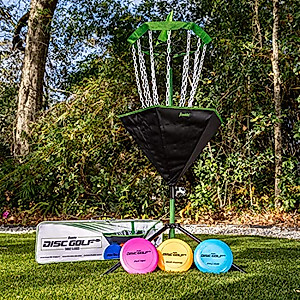Franklin Sports Disc Golf Basket + Discs Set - Portable Disc Golf Target Basket with Chains - 3 Discs Included - Driver, Mid-Range + Putter