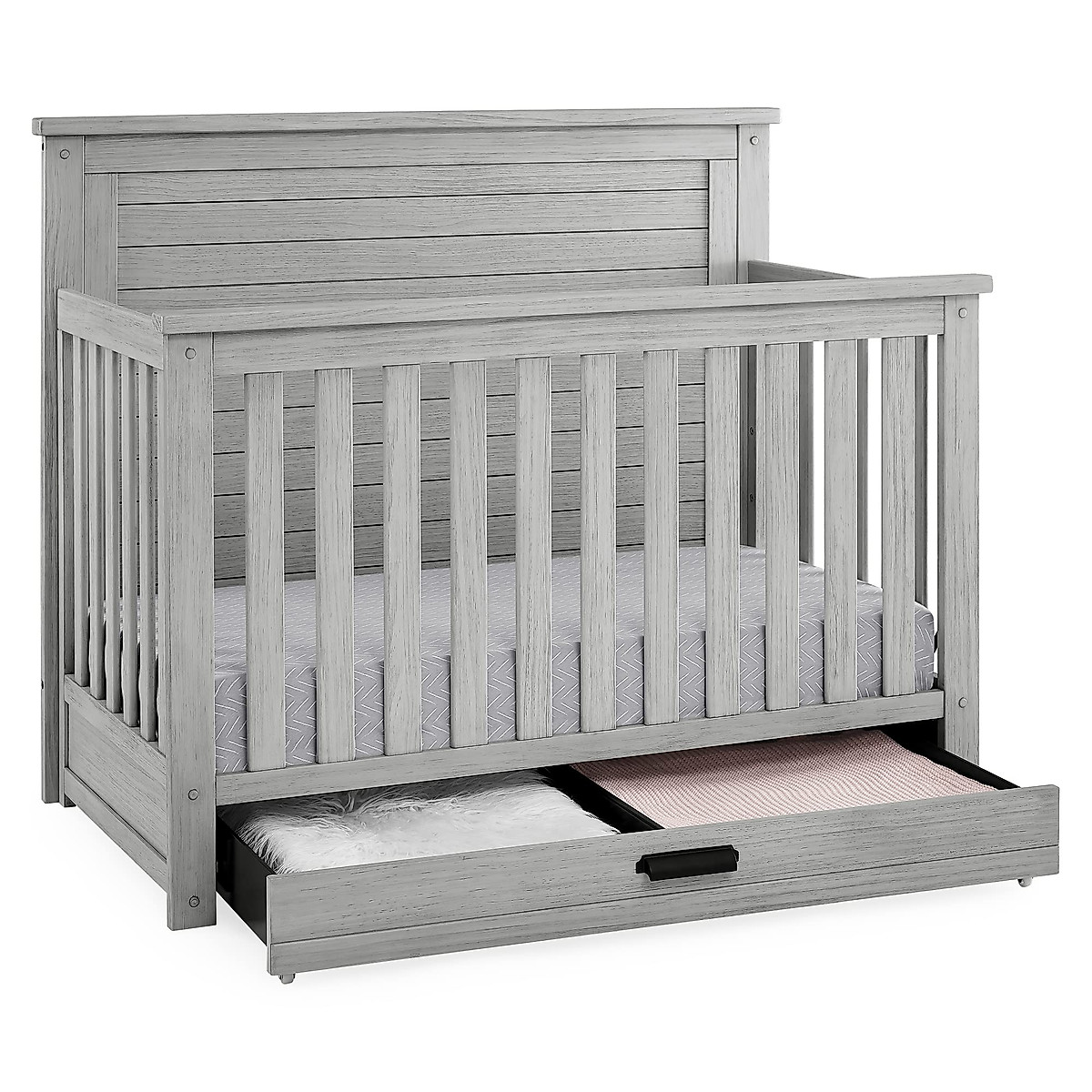 Delta Children Simmons Kids Caden 6-in-1 Convertible Crib with Trundle Drawer, Greenguard Gold Certified, Rustic Mist